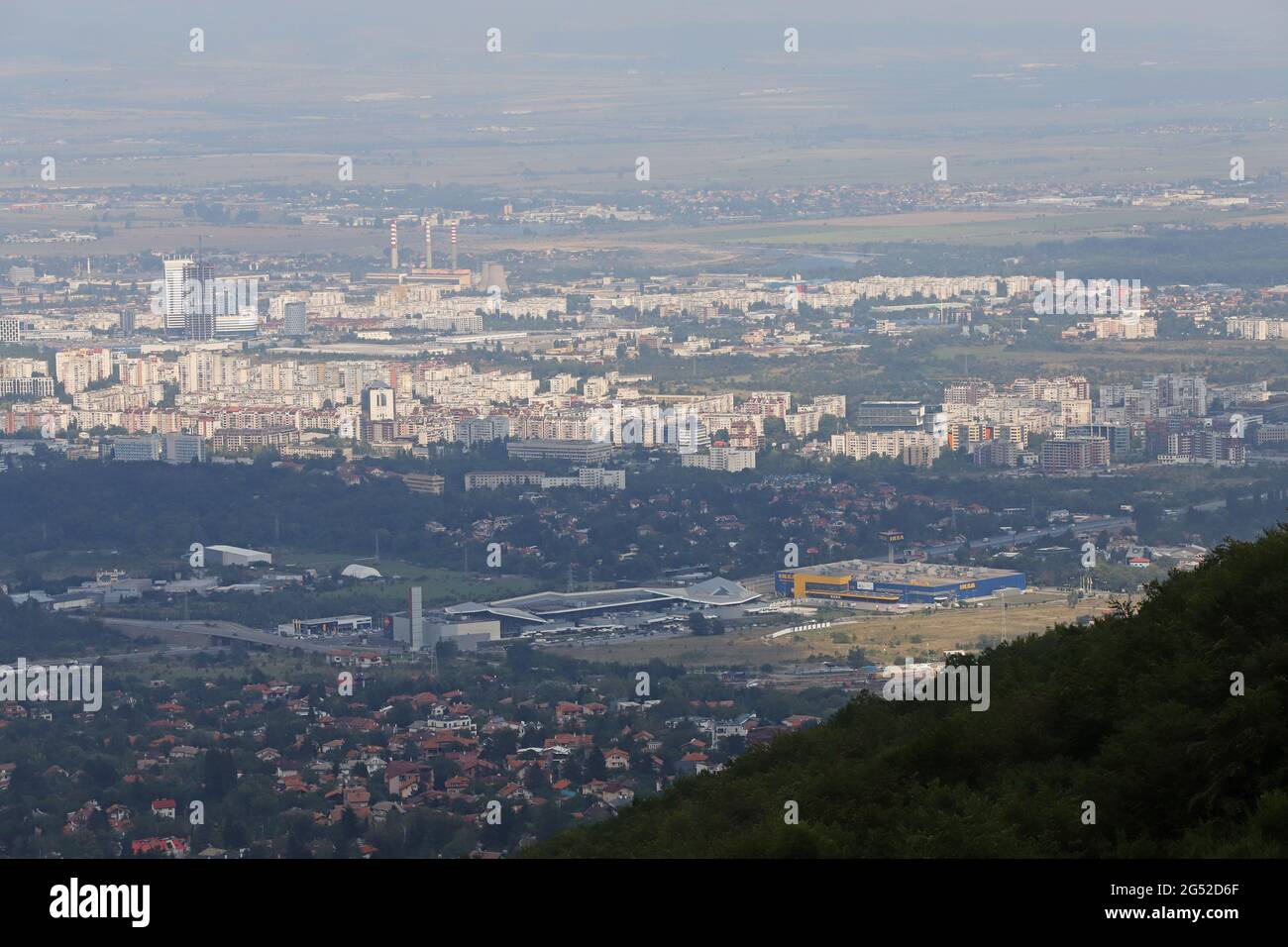 Aerial view from above of Sofia suburbs, cityscape of Sofia the capital of Bulgaria. Industrial ...