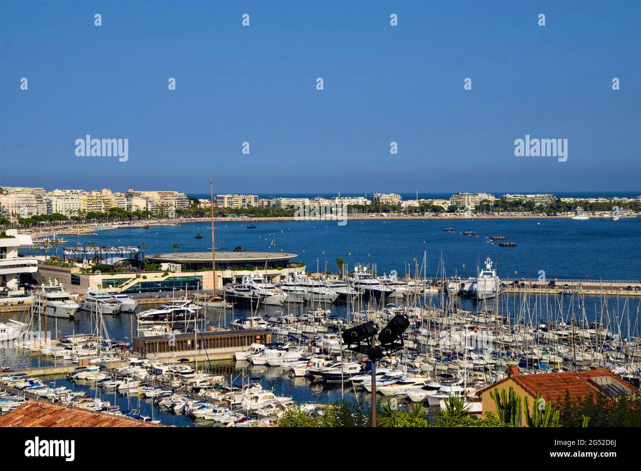 Aerial panoramic view of Old Port of Cannes, city, coast and sea, South ...
