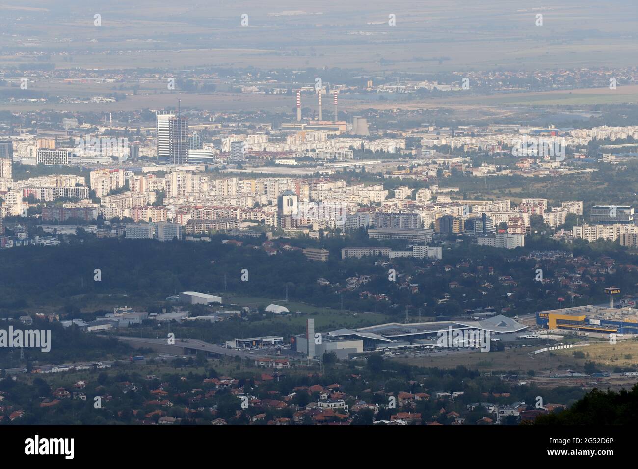 Aerial view from above of Sofia suburbs, cityscape of Sofia the capital of Bulgaria. Industrial ...