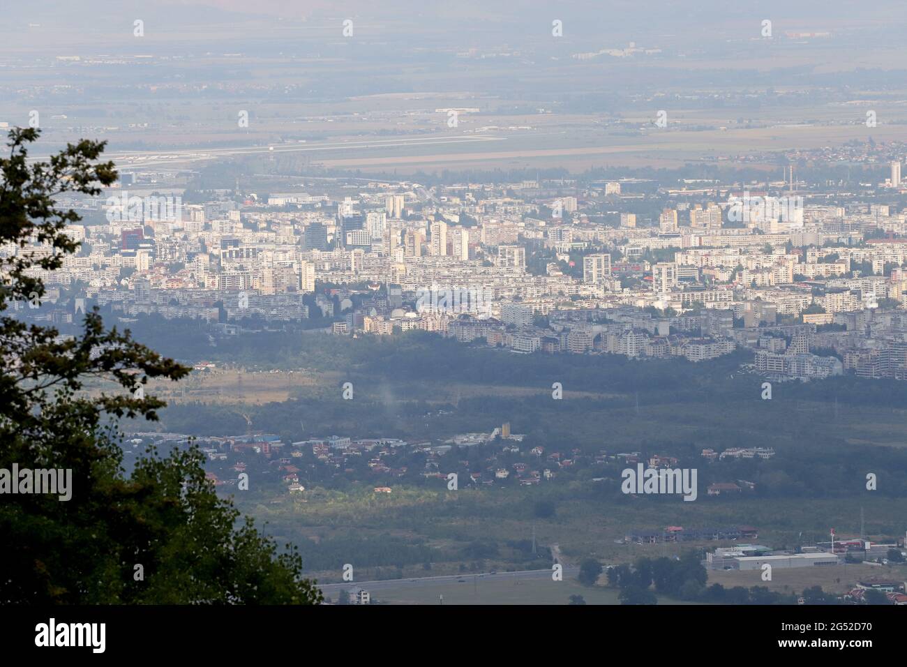 Aerial view from above of Sofia suburbs, cityscape of Sofia the capital of Bulgaria. Industrial ...