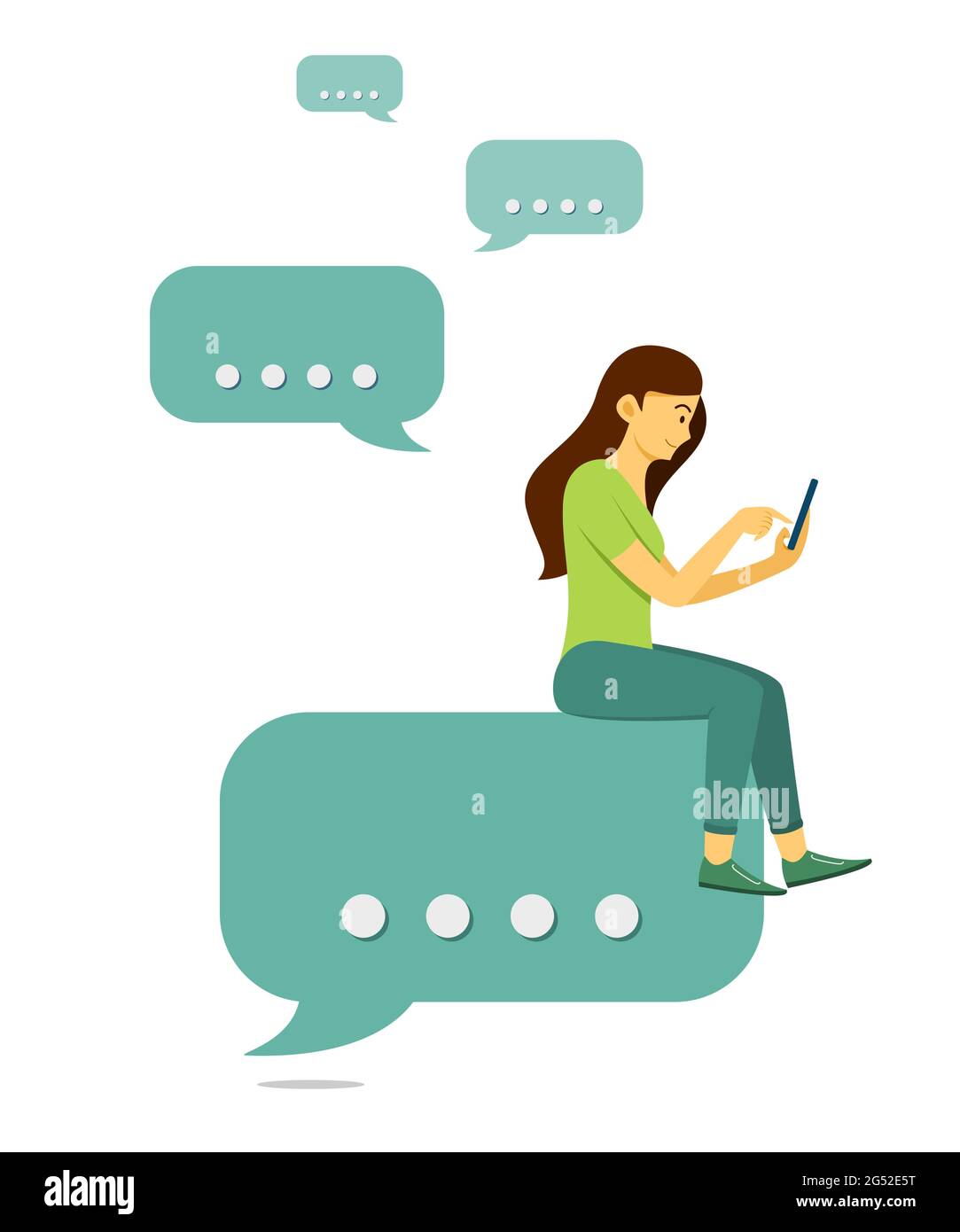 Woman Sit on Chatting Bubble Icon and Chatting on Mobile Phone Stock ...