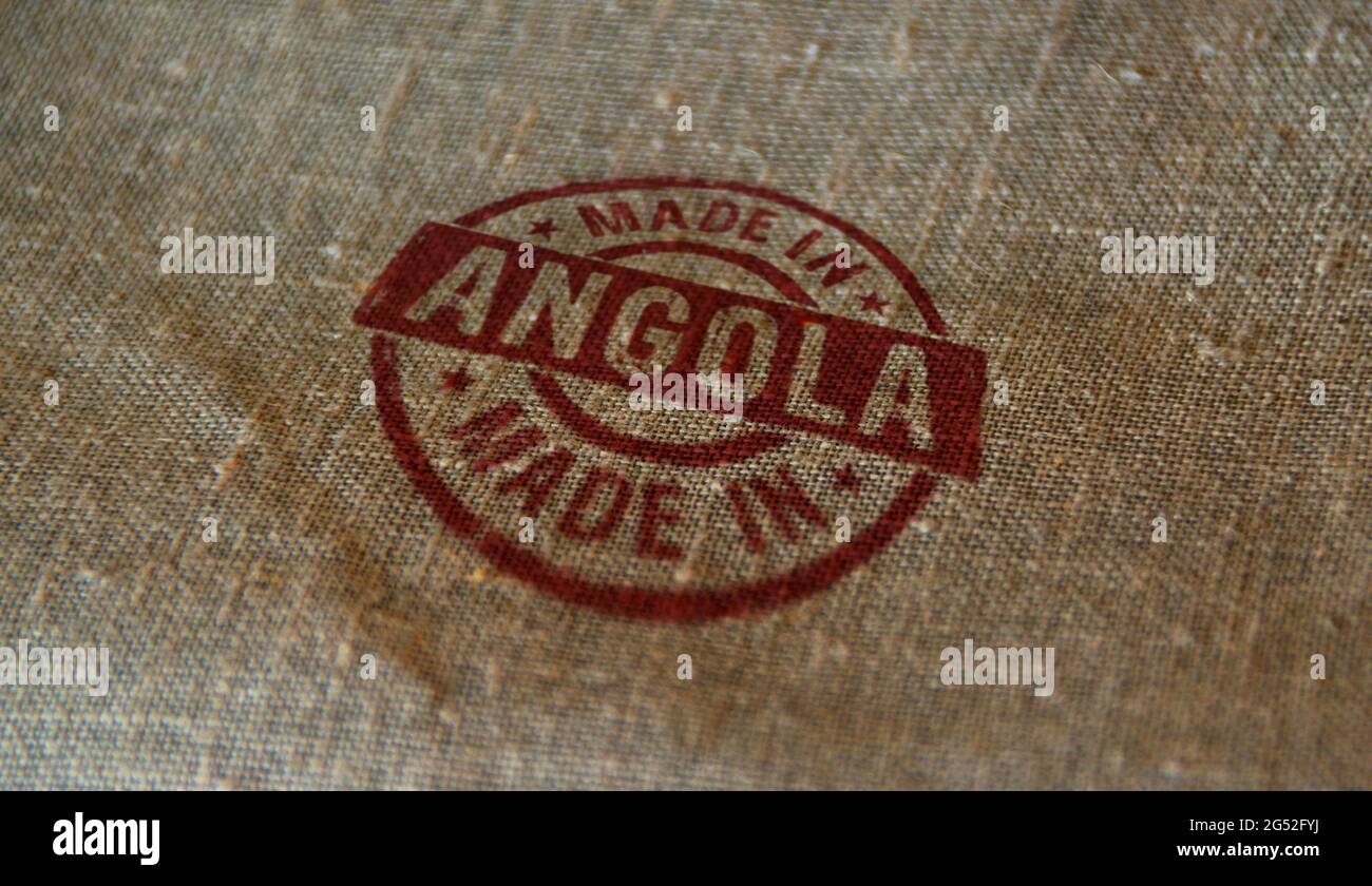 Made in Angola stamp printed on linen sack. Factory, manufacturing and ...