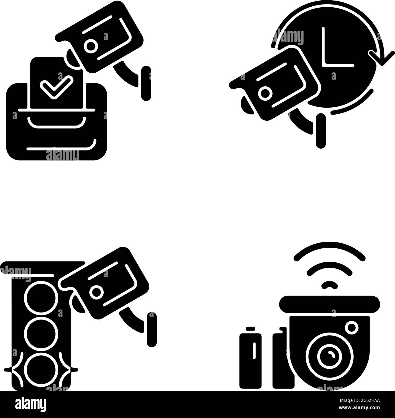 Surveillance system black glyph icons set on white space Stock Vector ...