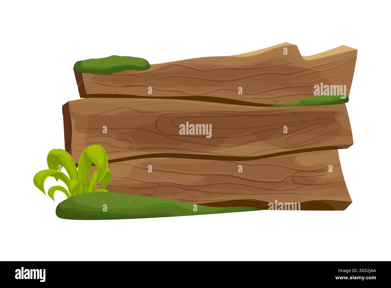 Old rustic plank, wooden banner with moss and grass in cartoon style ...