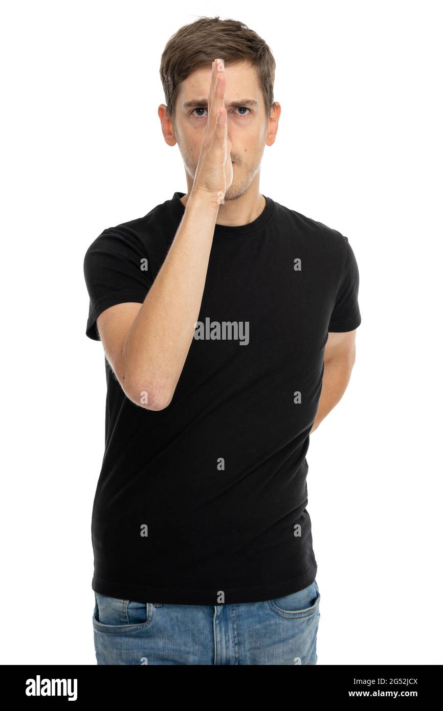 Young handsome tall slim white man with brown hair with his hand ...