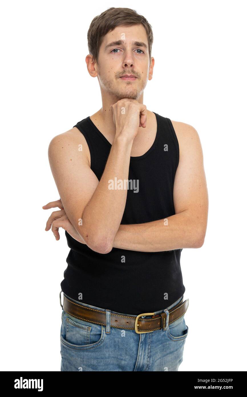 Young handsome tall slim white man with brown hair with one hand ...