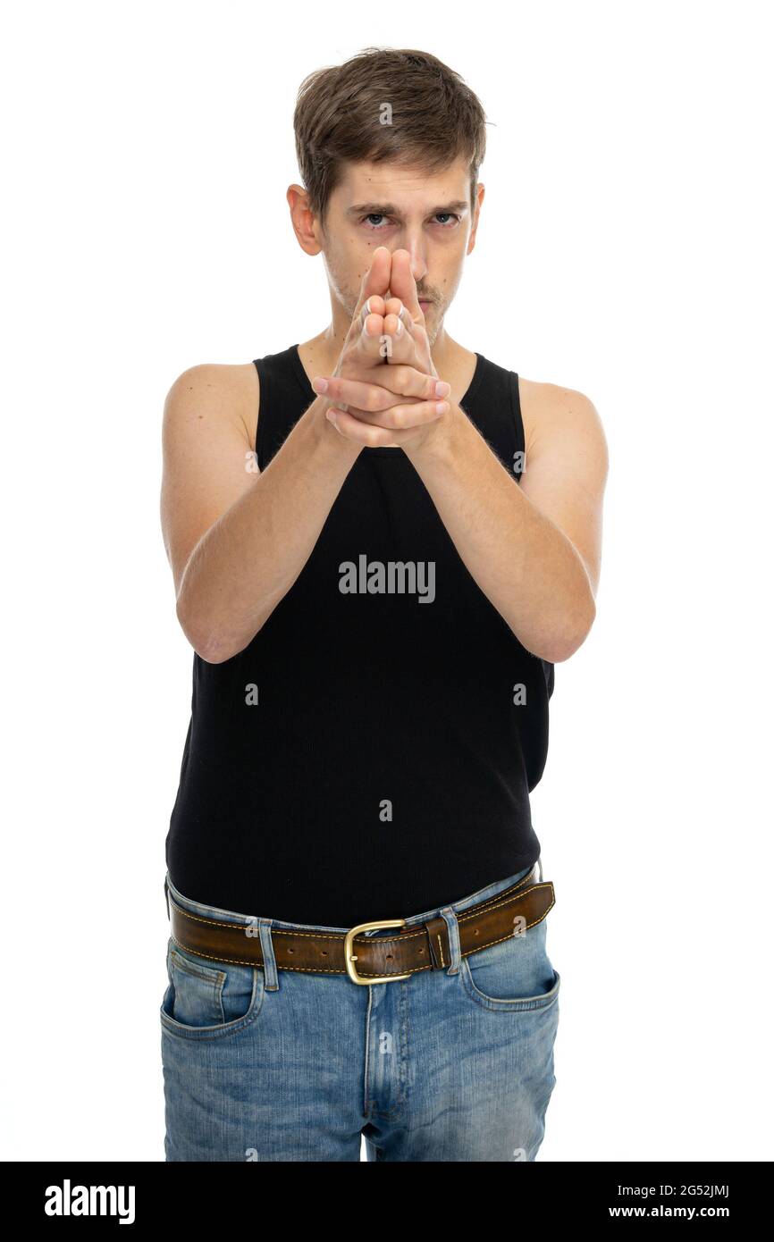 Young handsome tall slim white man with brown hair with finger pistol ...