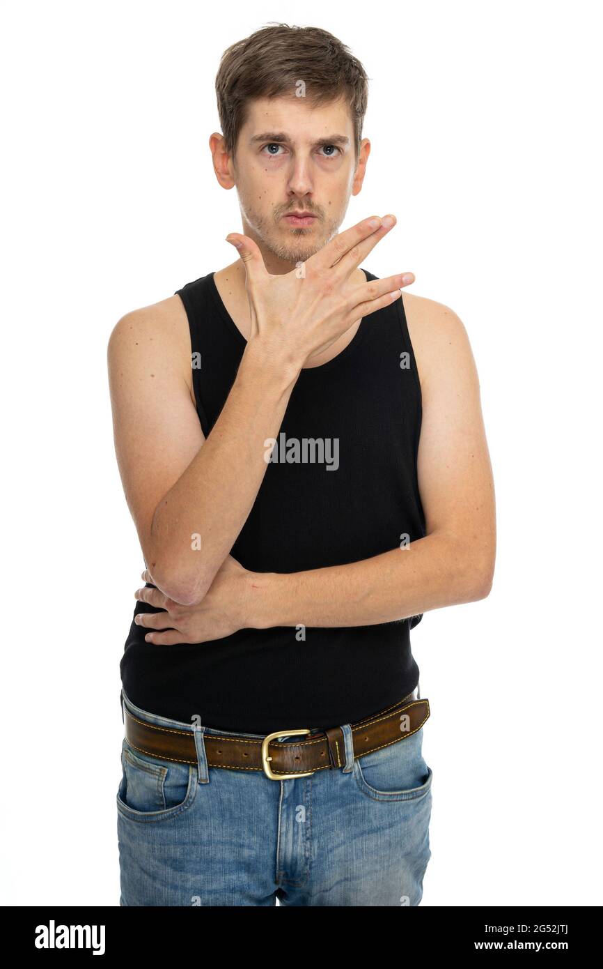 Young handsome tall slim white man with brown hair spreading his ...