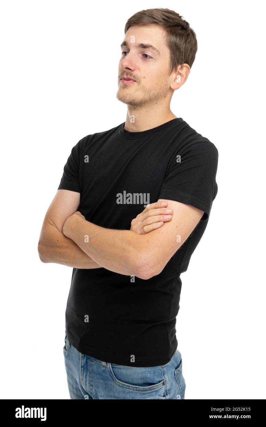 Young handsome tall slim white man with brown hair looks aloof in black ...