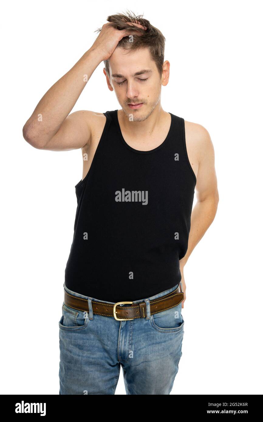 Young handsome tall slim white man with brown hair with his hand ...