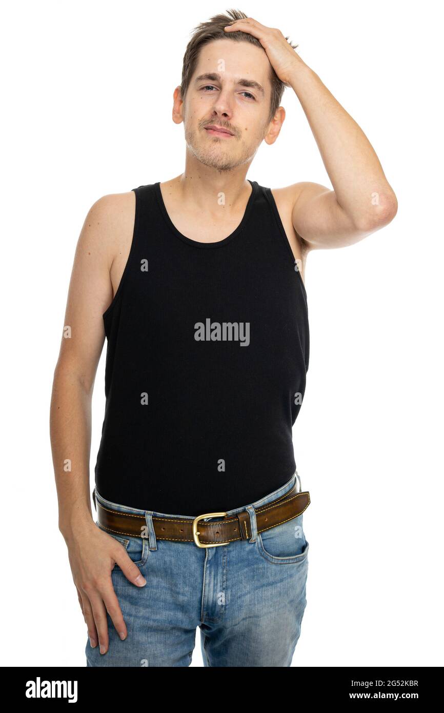 Young handsome tall slim white man with brown hair with his hand ...