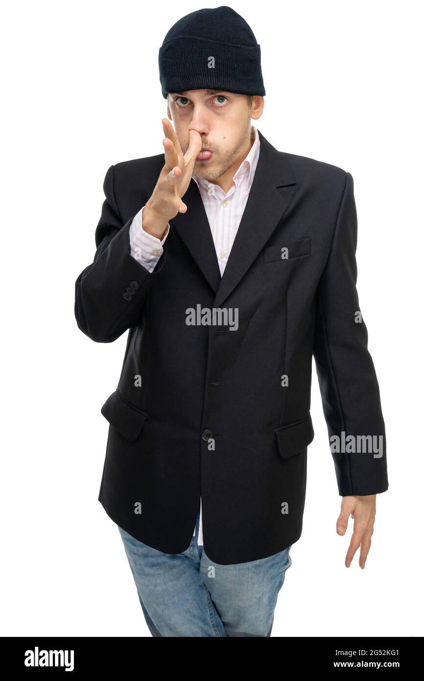 Young handsome tall slim white man with brown hair making long nose ...