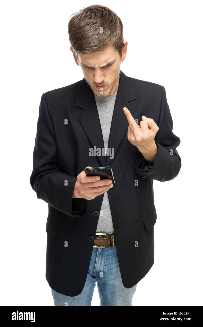 Young handsome tall slim white man with brown hair is flipping off his ...