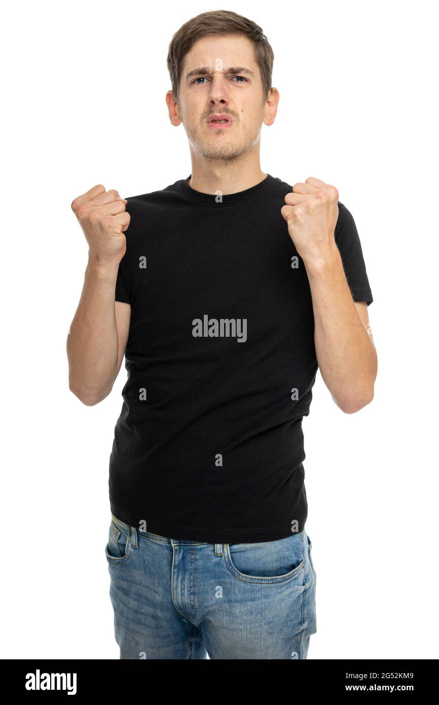 Young handsome tall slim white man with brown hair looks uptight in ...