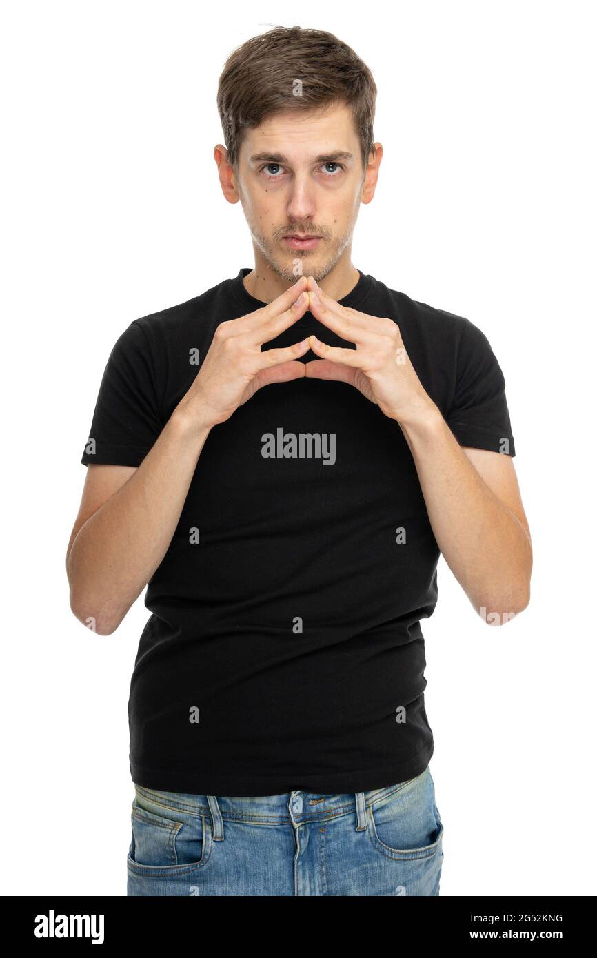 Young handsome tall slim white man with brown hair with joined fingers ...