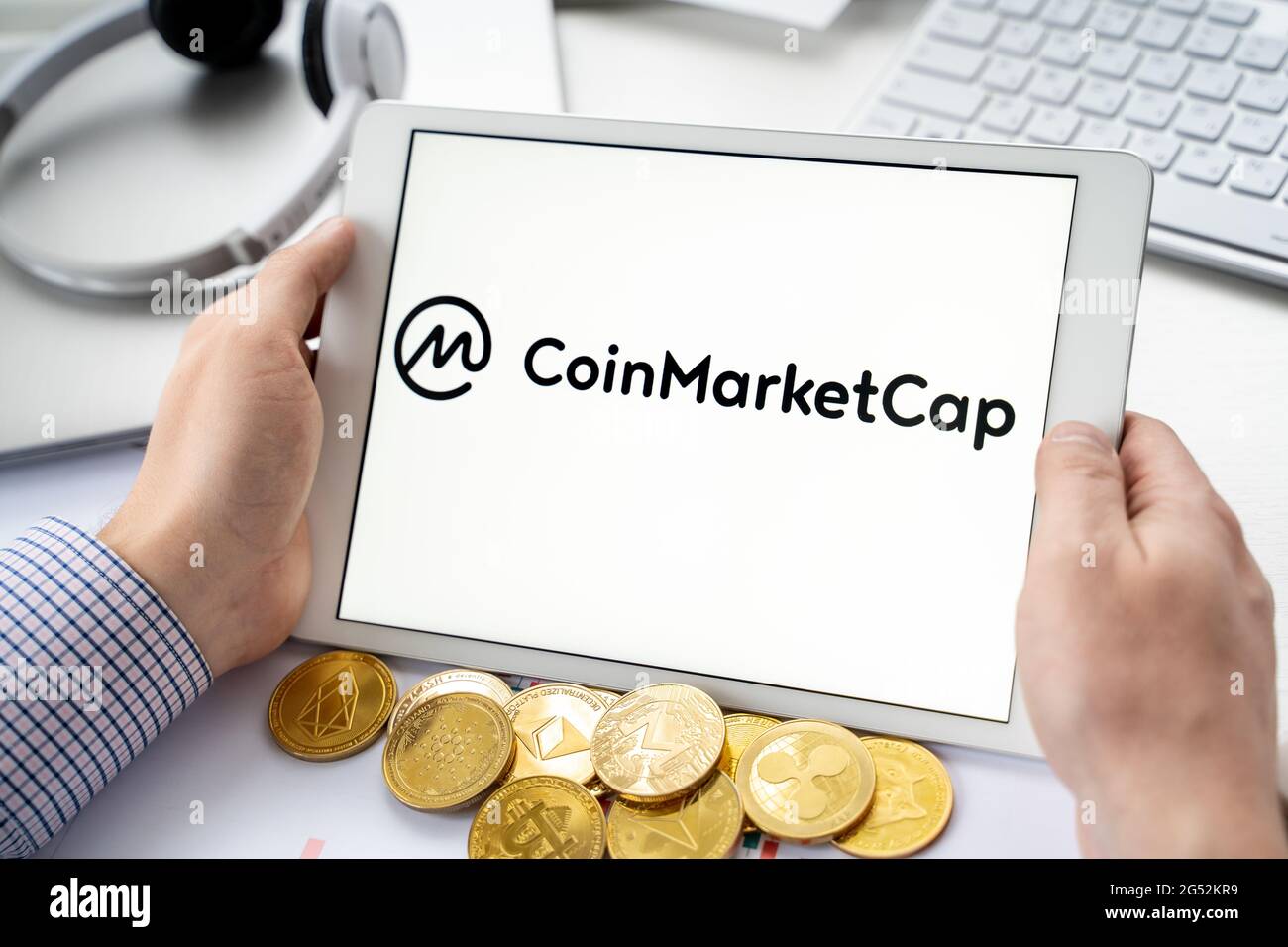 Russia Moscow 06.05.2021.Tablet with logo of Coinmarketcap, web site ...