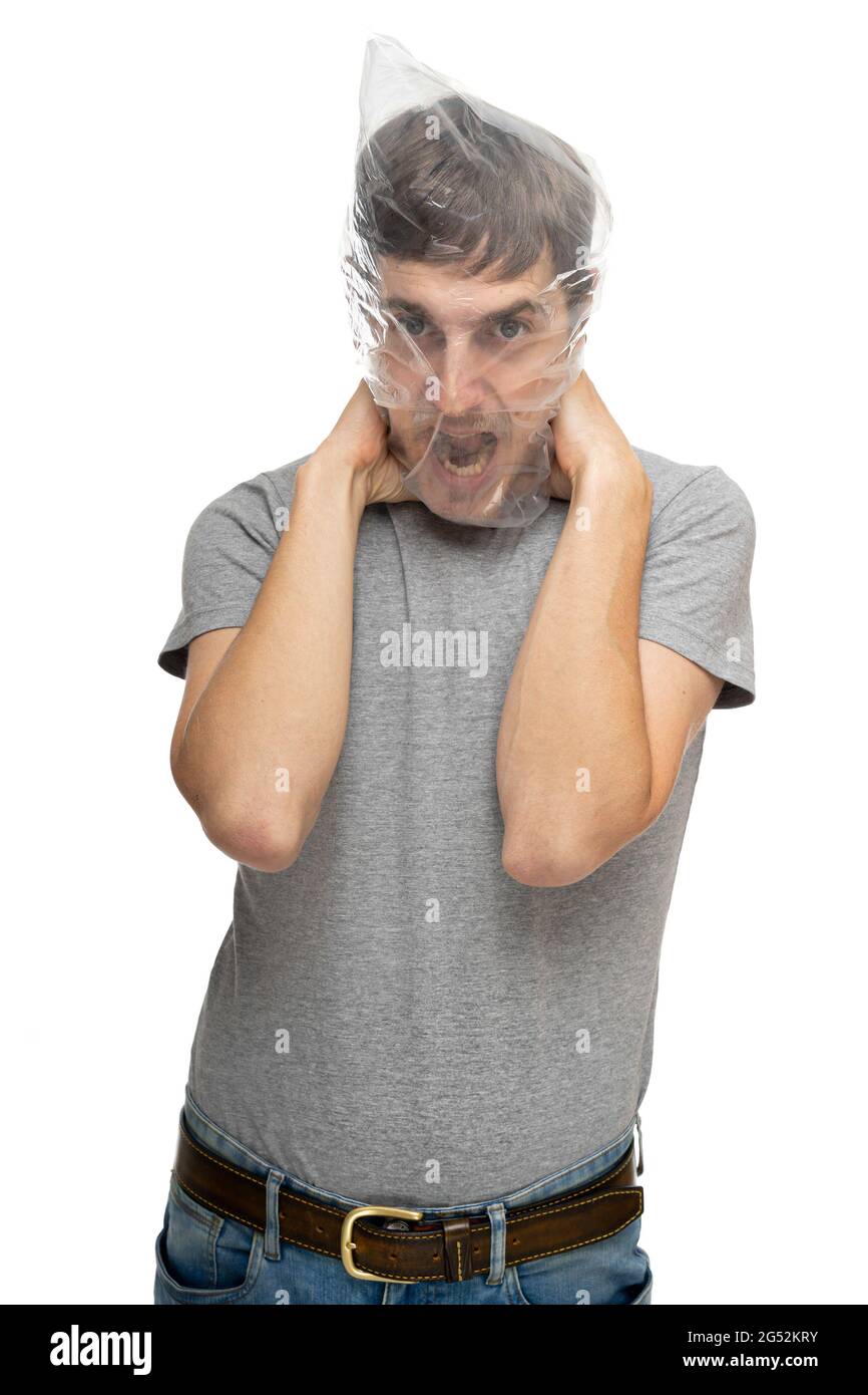 Young handsome tall slim white man with brown hair choking himself with ...