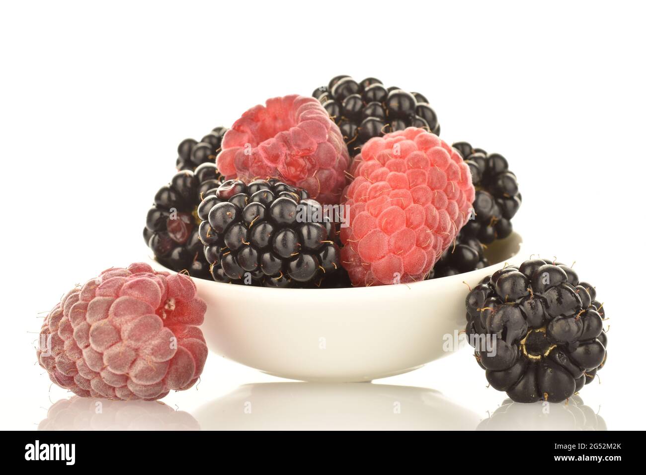 Ripe fresh organic blackberries and red raspberries in a white bowl ...