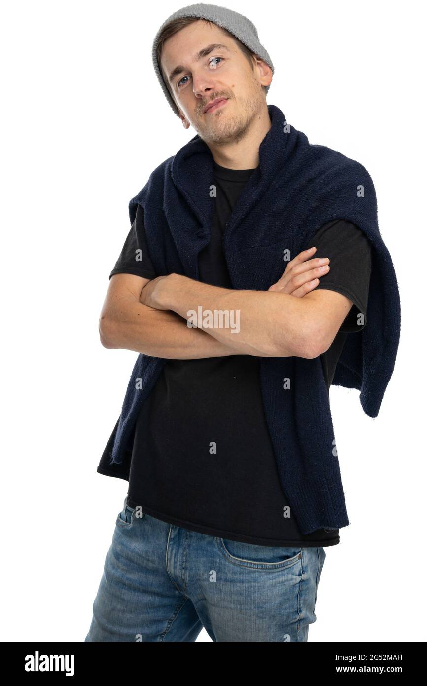 Young handsome tall slim white man with brown hair with crossed arms in ...