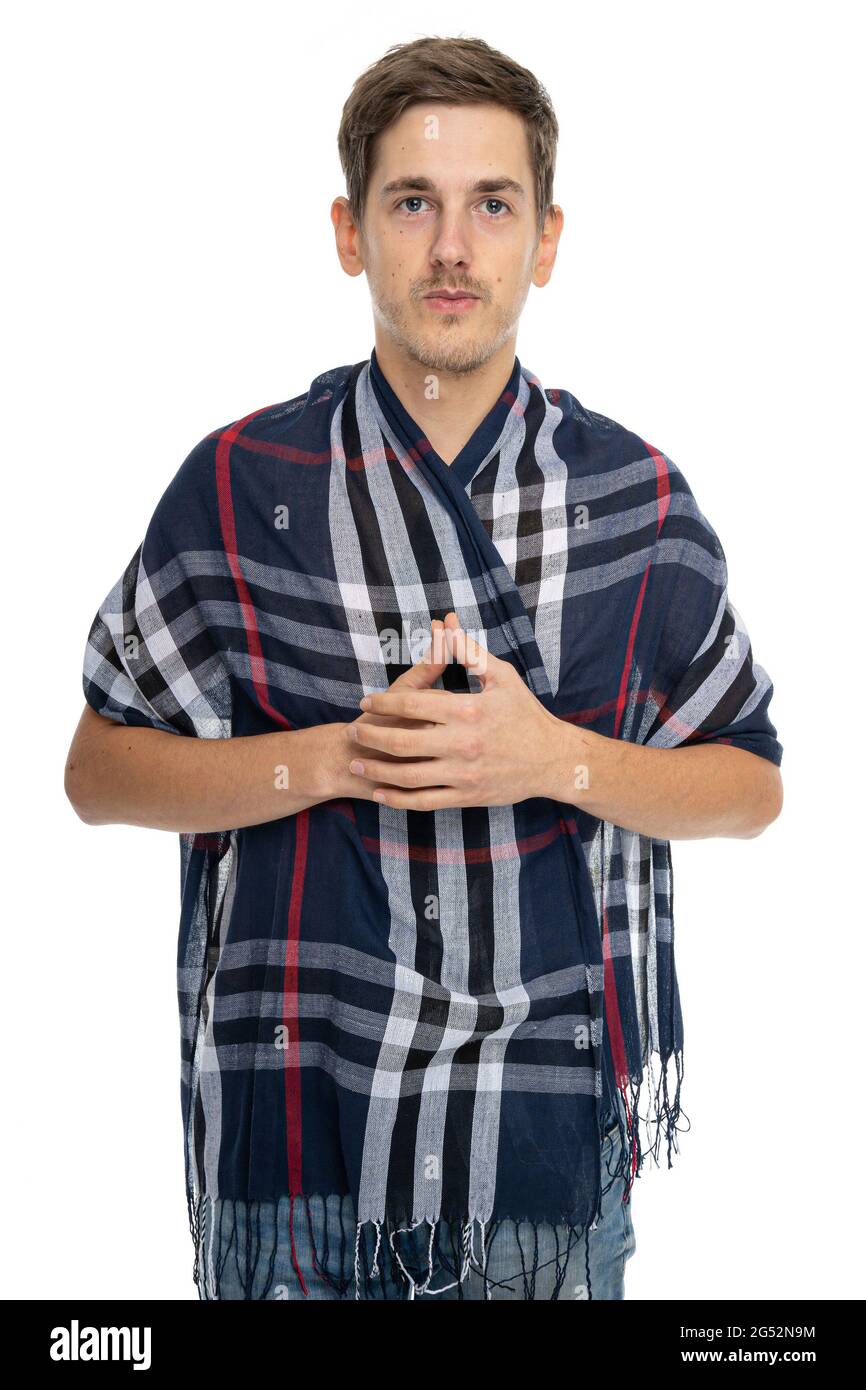 Young handsome tall slim white man with brown hair looking in camera ...