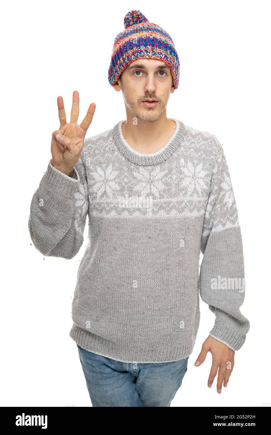 Young handsome tall slim white man with brown hair showing number three ...