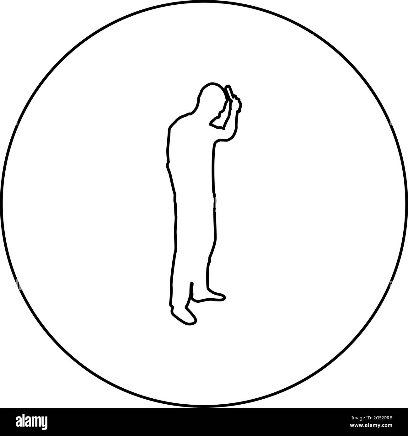 Man is combing hair use hairbrush Side view silhouette in circle round ...