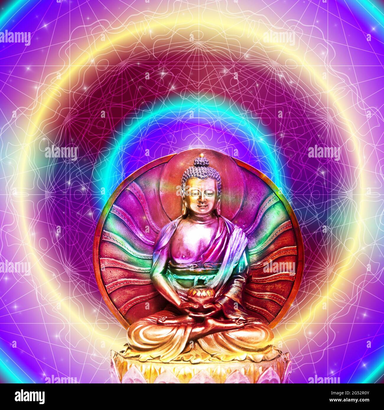 Buddha statue with bright lights, serenity and meditation concept Stock ...