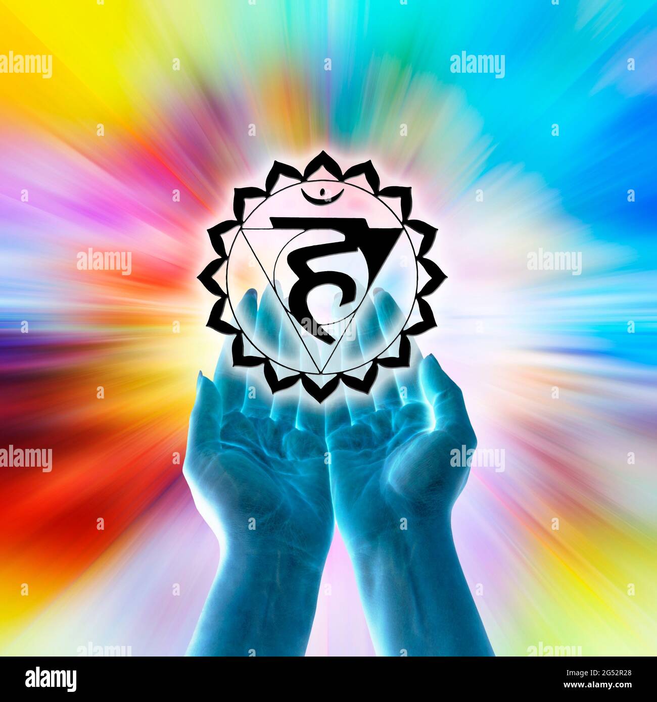 open hands and chakra symbol of Vishuddha Stock Photo - Alamy
