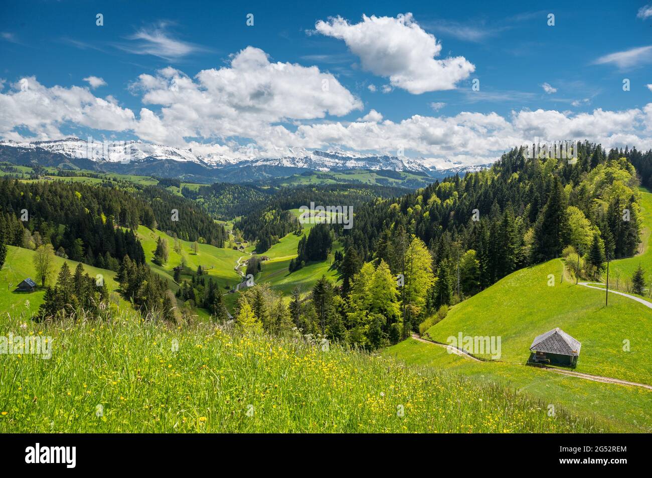 view over Trub with hills and forests of Emmental towards the bernese ...