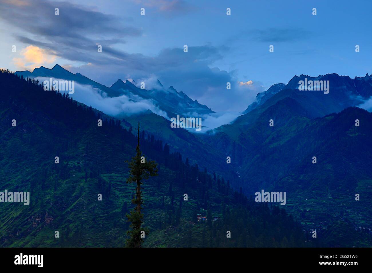 landscape view of himalyan mountains and green tree from kasol Stock ...