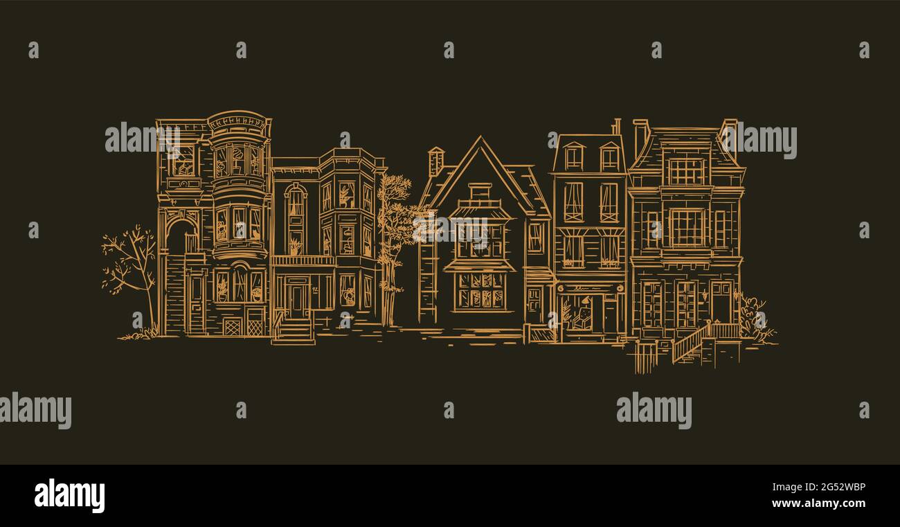 House composition drawing in old fashioned vintage style in brown ...