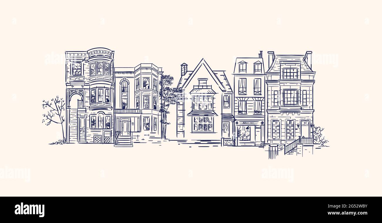 House composition drawing in old fashioned vintage style with dark blue ...