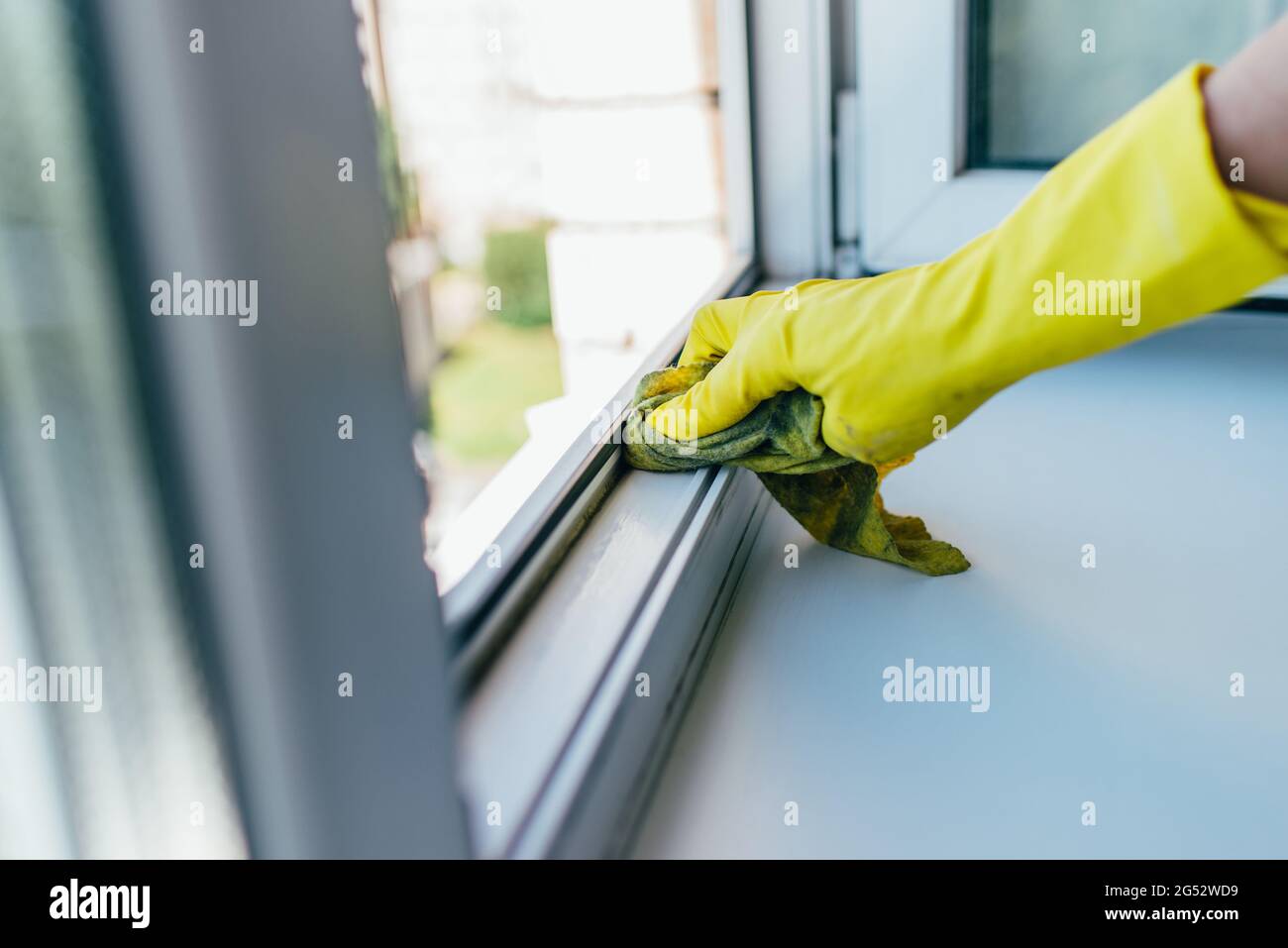 Cleaning service with gloves washes the window frame with a rag Stock ...