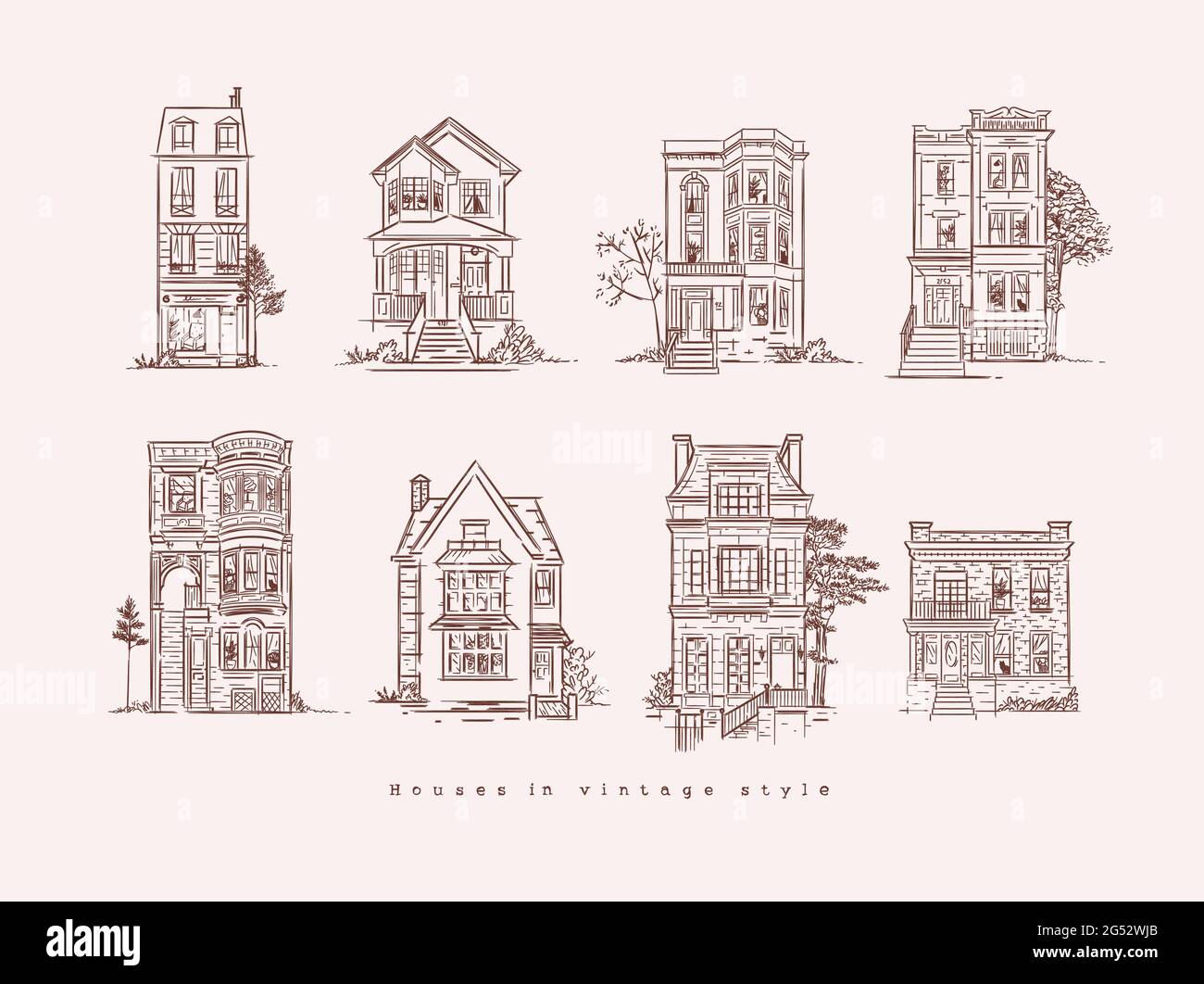 Set of houses drawing in old fashioned vintage style with brown lines ...