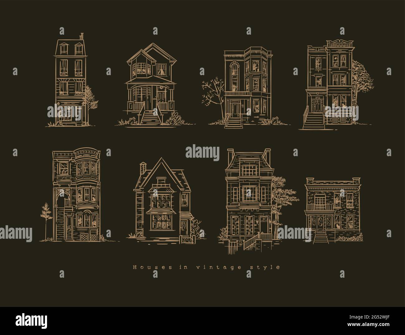Set of houses drawing in old fashioned vintage style on brown ...