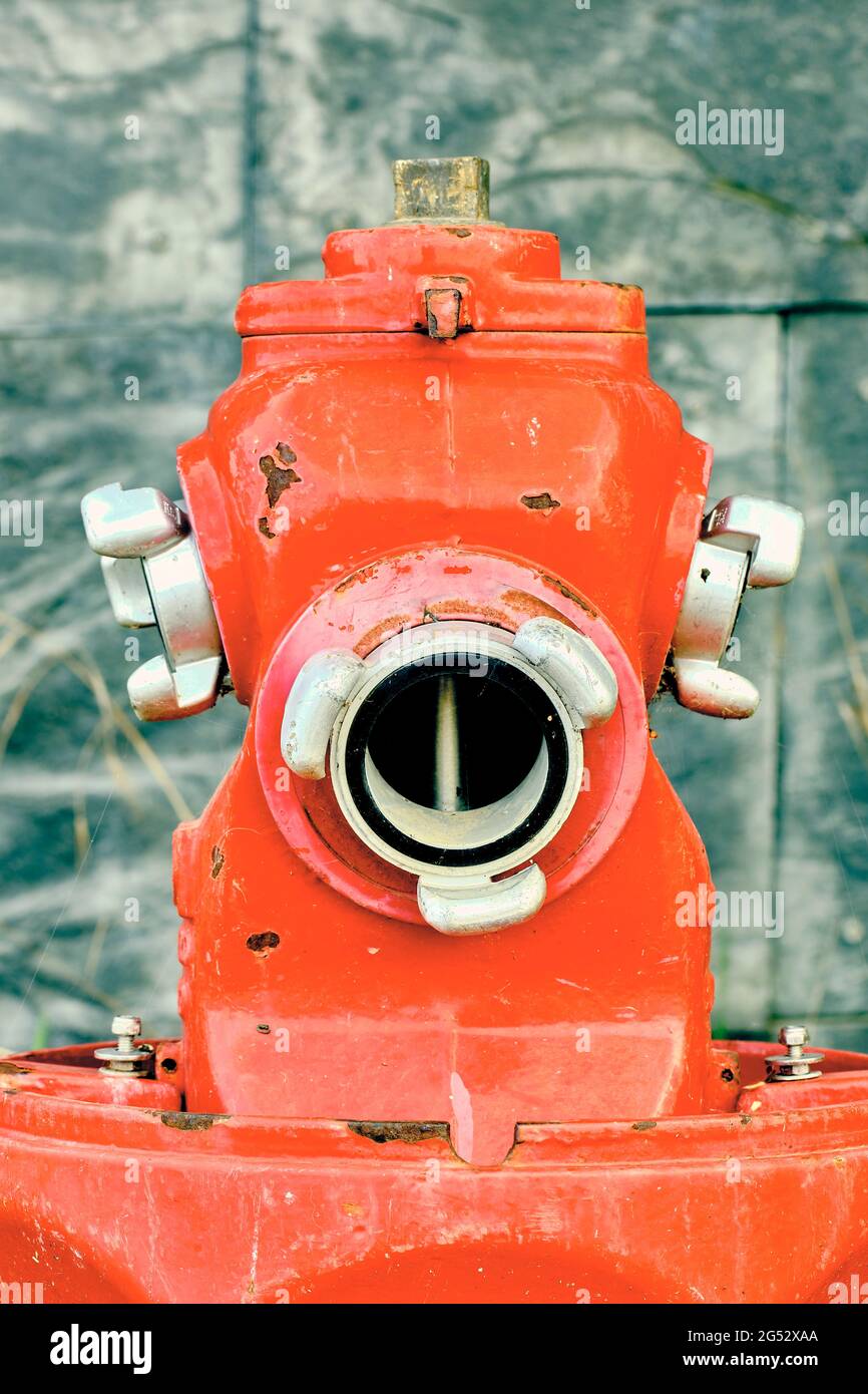 detail of a red fire hydrant detail for firefighters on the street ...