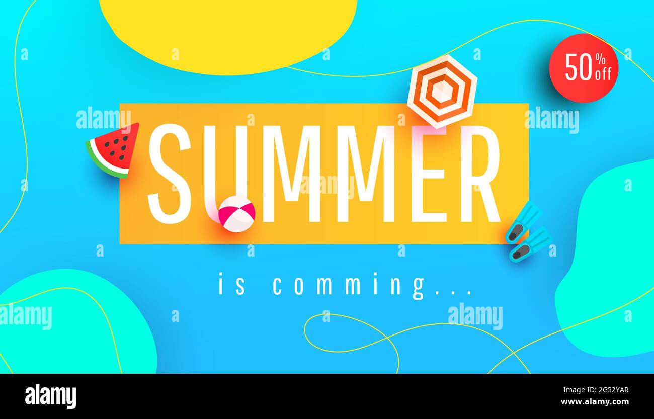 Summer is coming banner vector illustration with tropical leaves ...