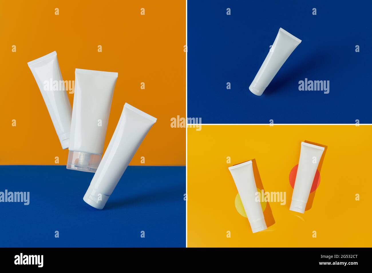 Collage with blank white tubes bottles with skin care products on ...