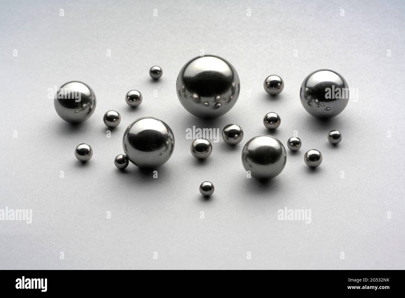 Close up top view showing group of assorted steel balls used as ...