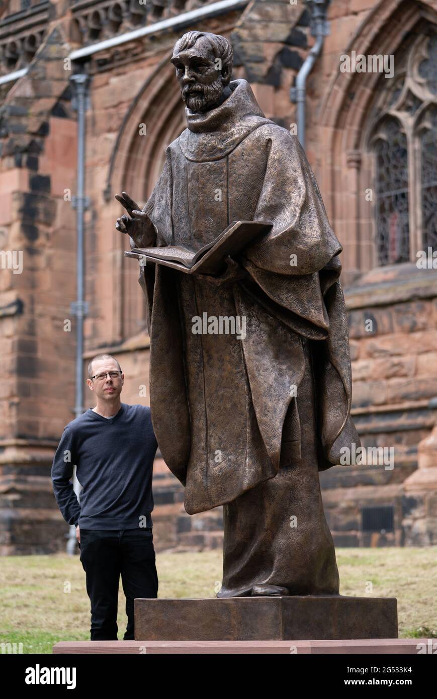 Sculptor Peter Walker with his bronze statue of St Chad, first Bishop ...