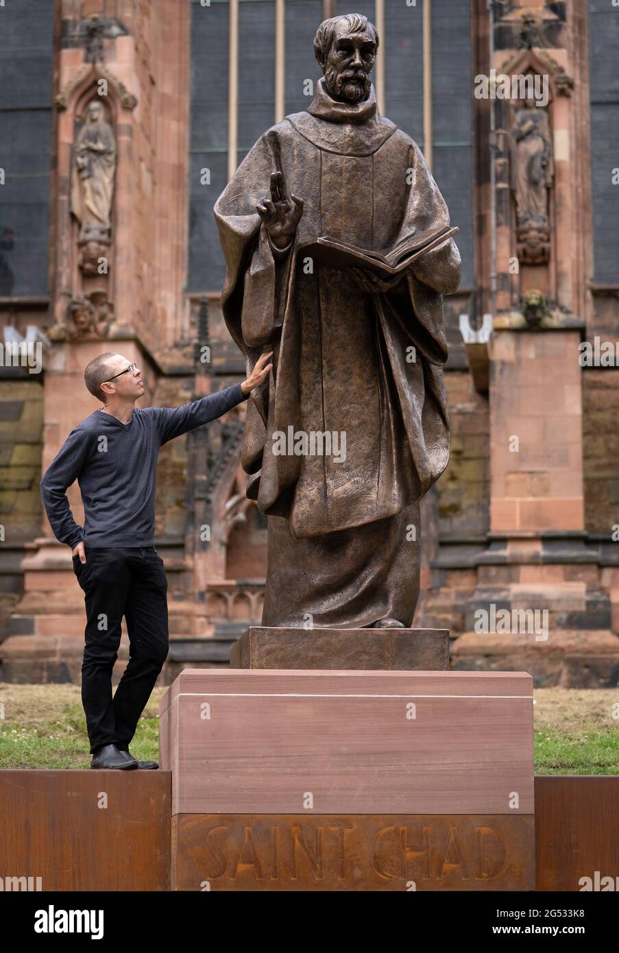 Sculptor Peter Walker with his bronze statue of St Chad, first Bishop ...