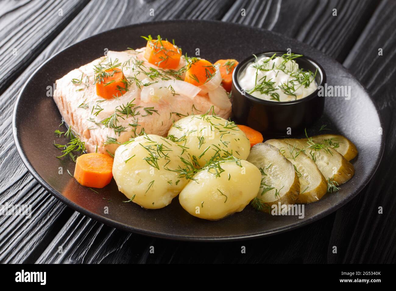 Swedish traditional cold poached salmon kall inkokt lax with new ...