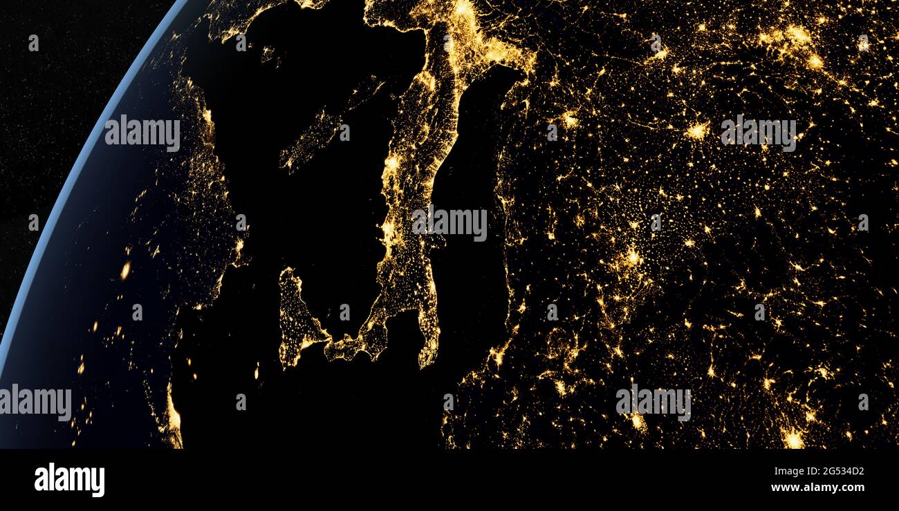View of Italy at night in the earth planet rotating from space Stock ...