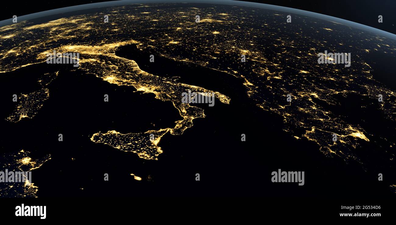 Italy at night in the earth planet rotating from space Stock Photo - Alamy