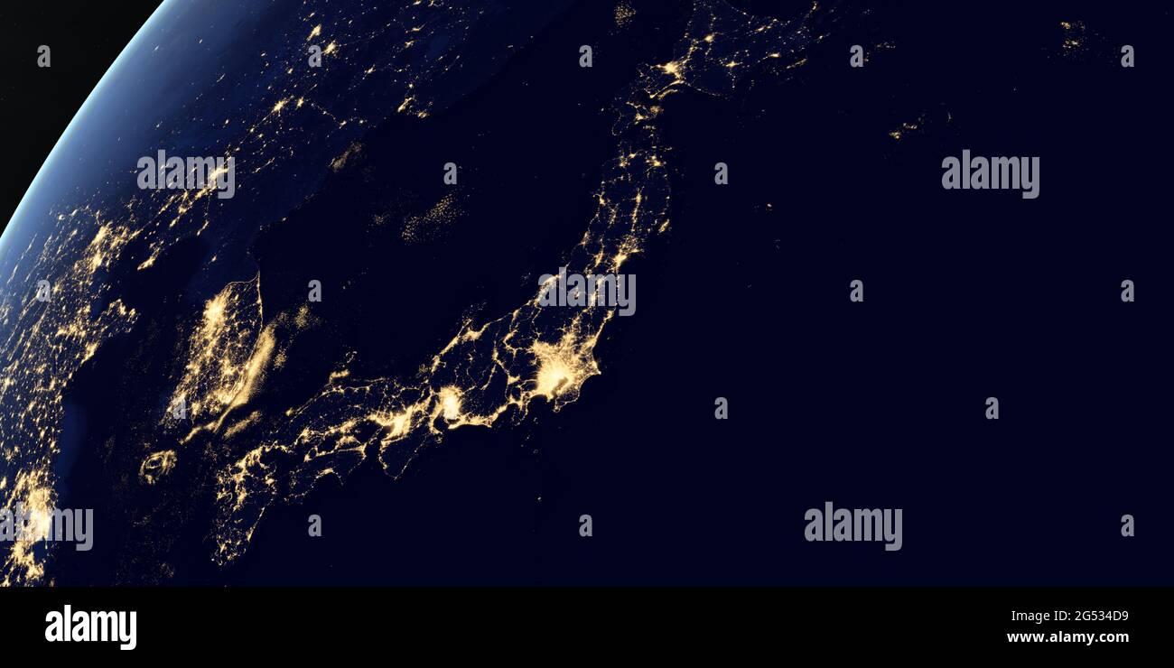 View of Japan at night in the earth planet rotating from space Stock ...