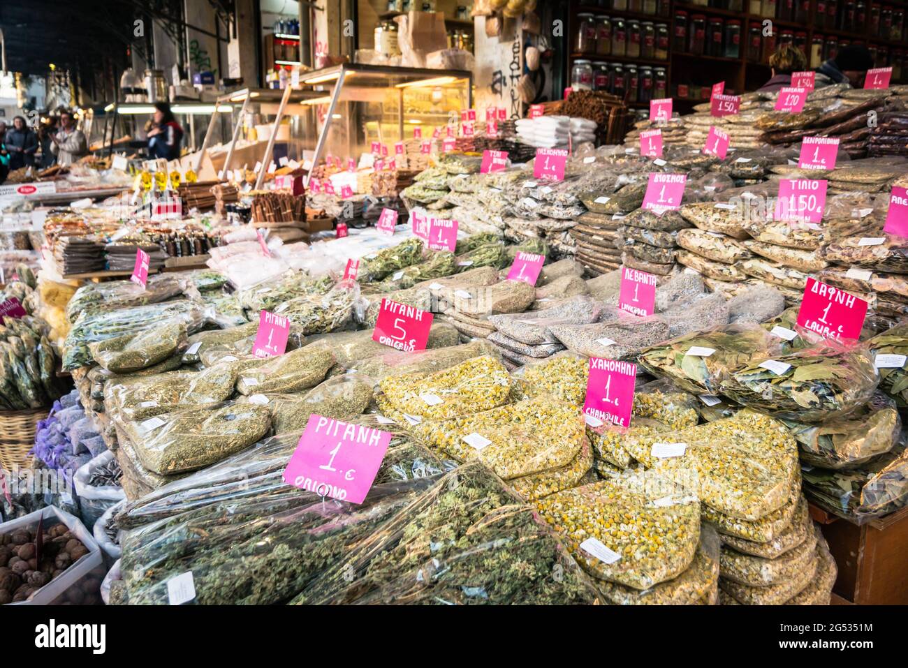 Herbs and spices stall on Central Market of Athens Stock Photo - Alamy