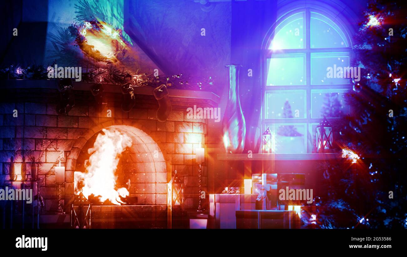 christmas tree and fireplace with fire glowing , cg object 3D ...