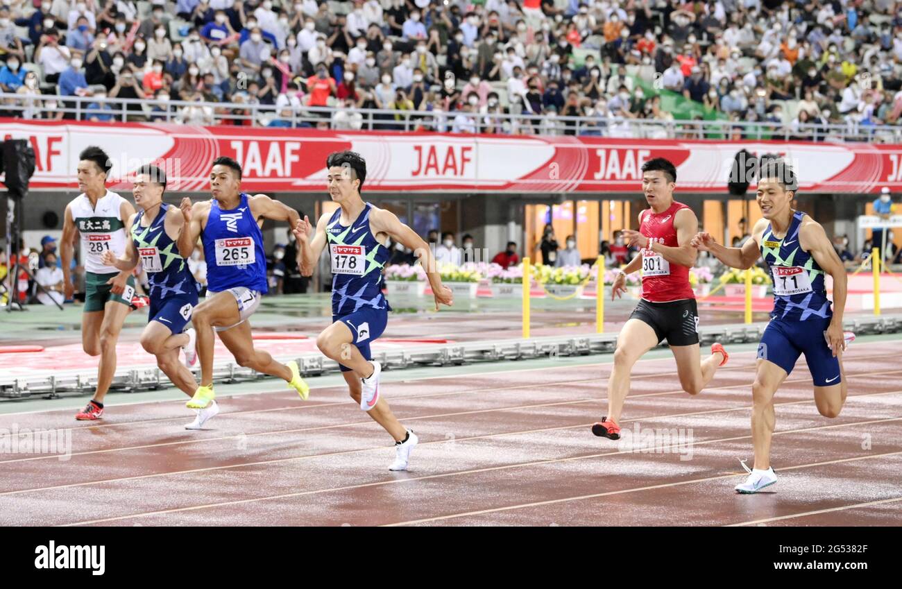 Osaka, Japan. June 25, 2021: Shuhei Tada (3rd from R) runs on his way ...