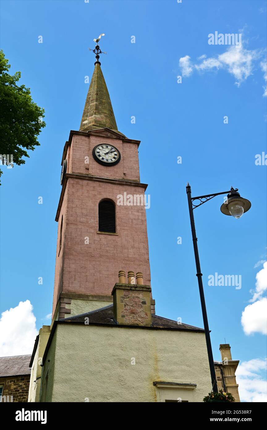 An exterior view of an old stone clock tower building in the Scottish ...