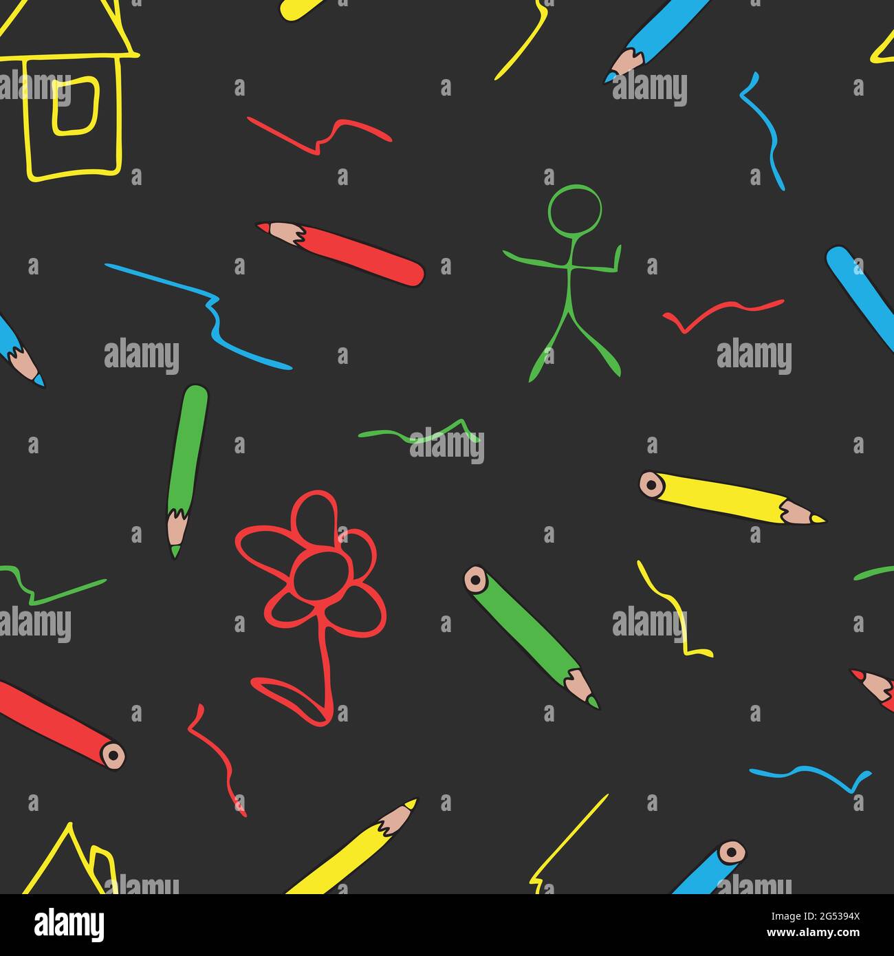 Seamless vector pattern with pencils and children's drawing on dark ...